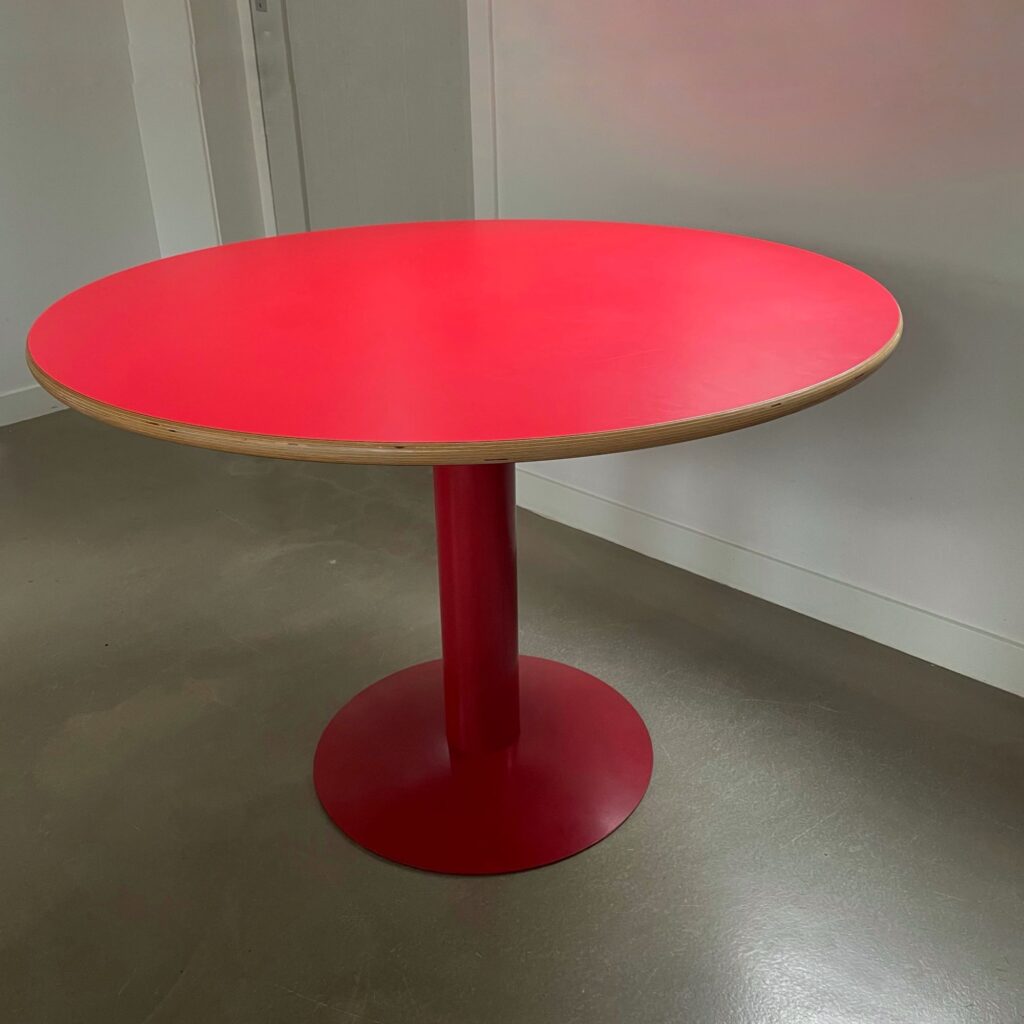 Custom made dining table, red steel base & laminated wooden top, The ...